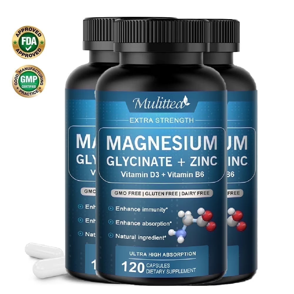 (3 Pack)Magnesium Glycinate Powder Capsules 500 mg - Heart, Nerves, Mu ...